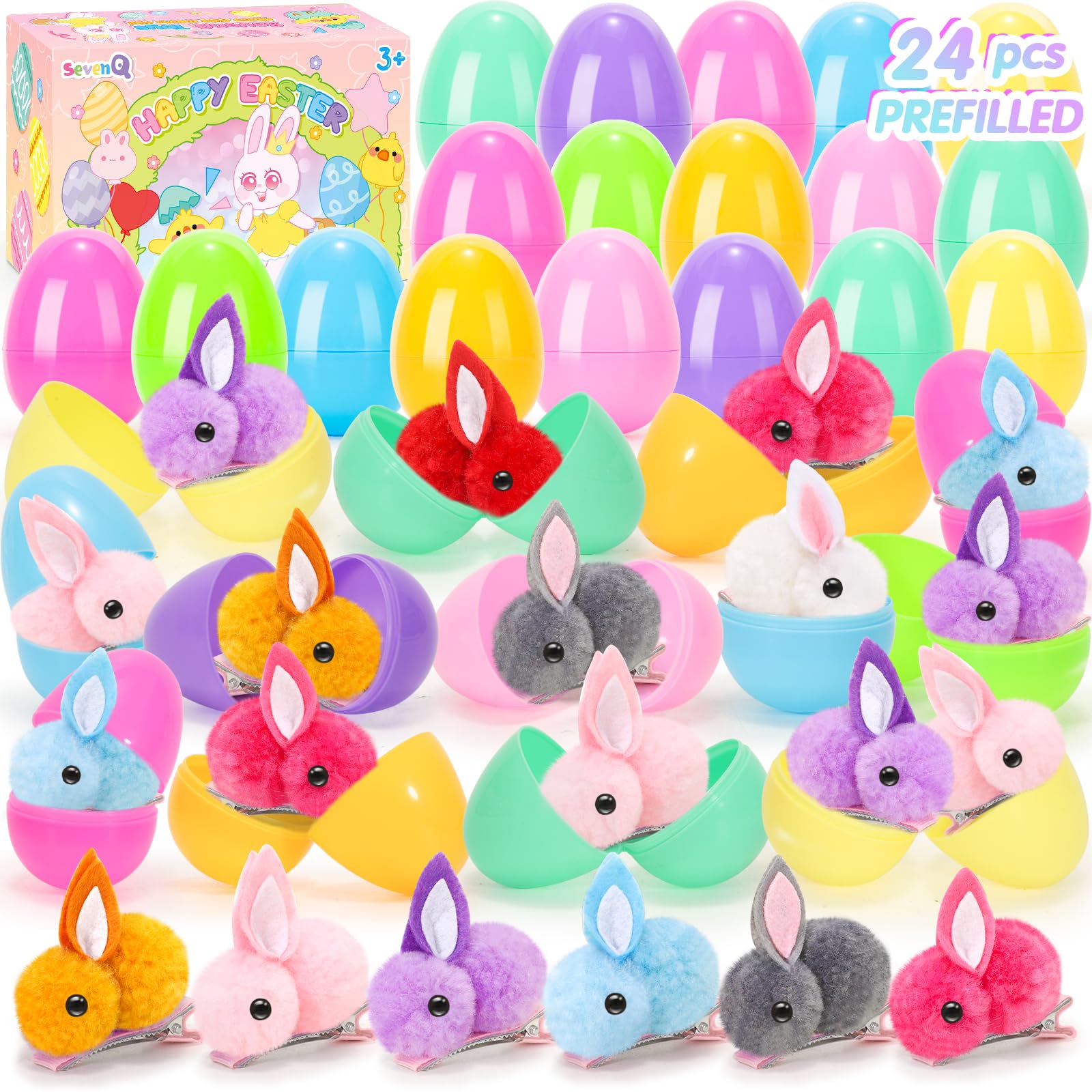 SevenQ Easter Eggs Fillers with Bunny Hair Clips Colorful 24 Pack ...