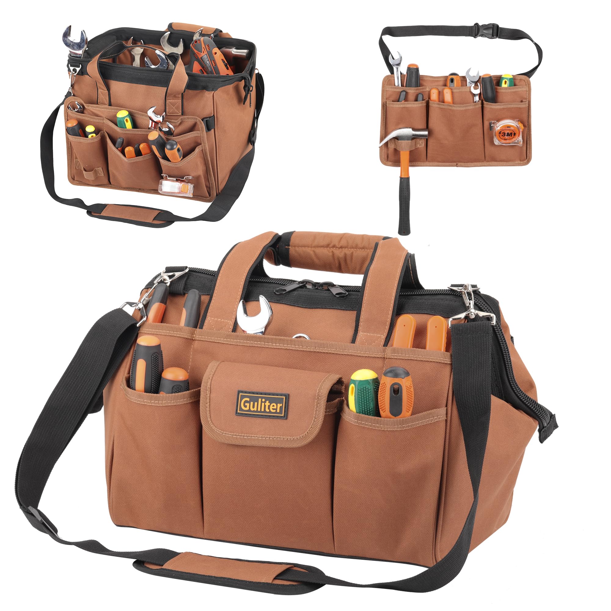 Guliter Heavy Duty Tool Bag 14-Inch,22-Pocket Wide Mouth Soft Tool Box ...