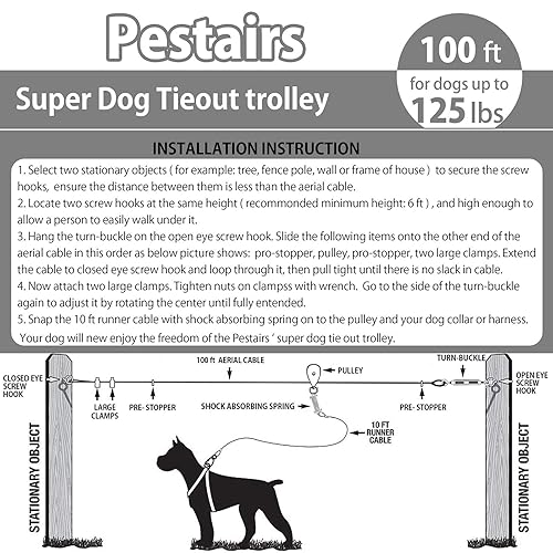 100 Foot Dog Trolley Heavy Duty Aerial Dog Tie Out Trolley System For