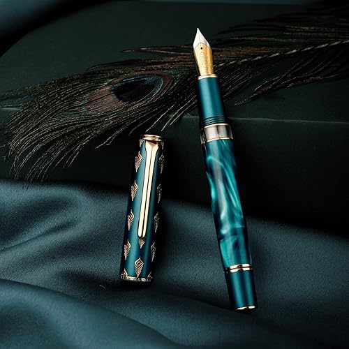 Hongdian N7 Blue Peacock Resin Piston Fountain Pen, Iridium Extra Fine ...