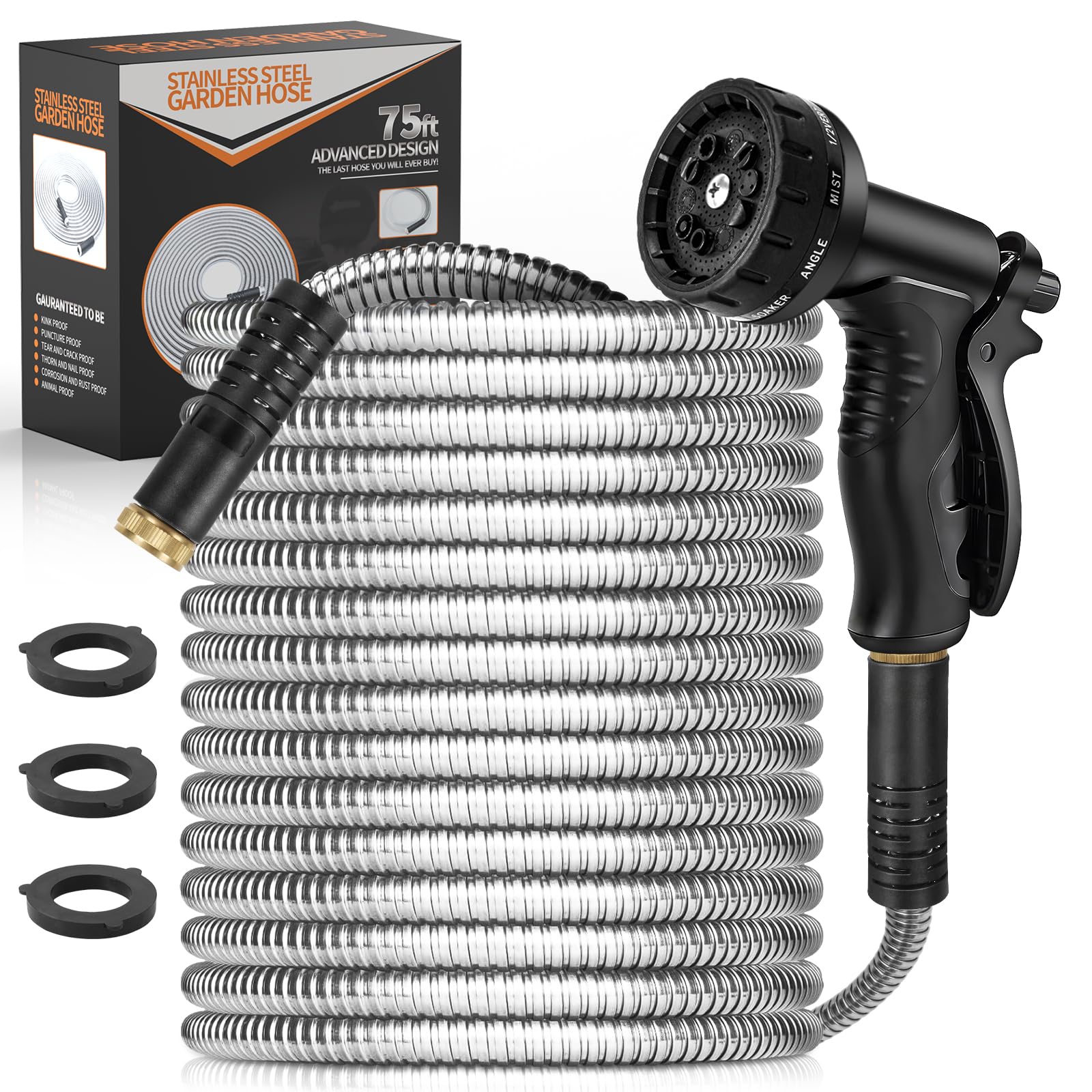 Expandable Metal Garden Hose 75 FT, Stainless Steel Heavy Duty Water Hose With 10 Function ...