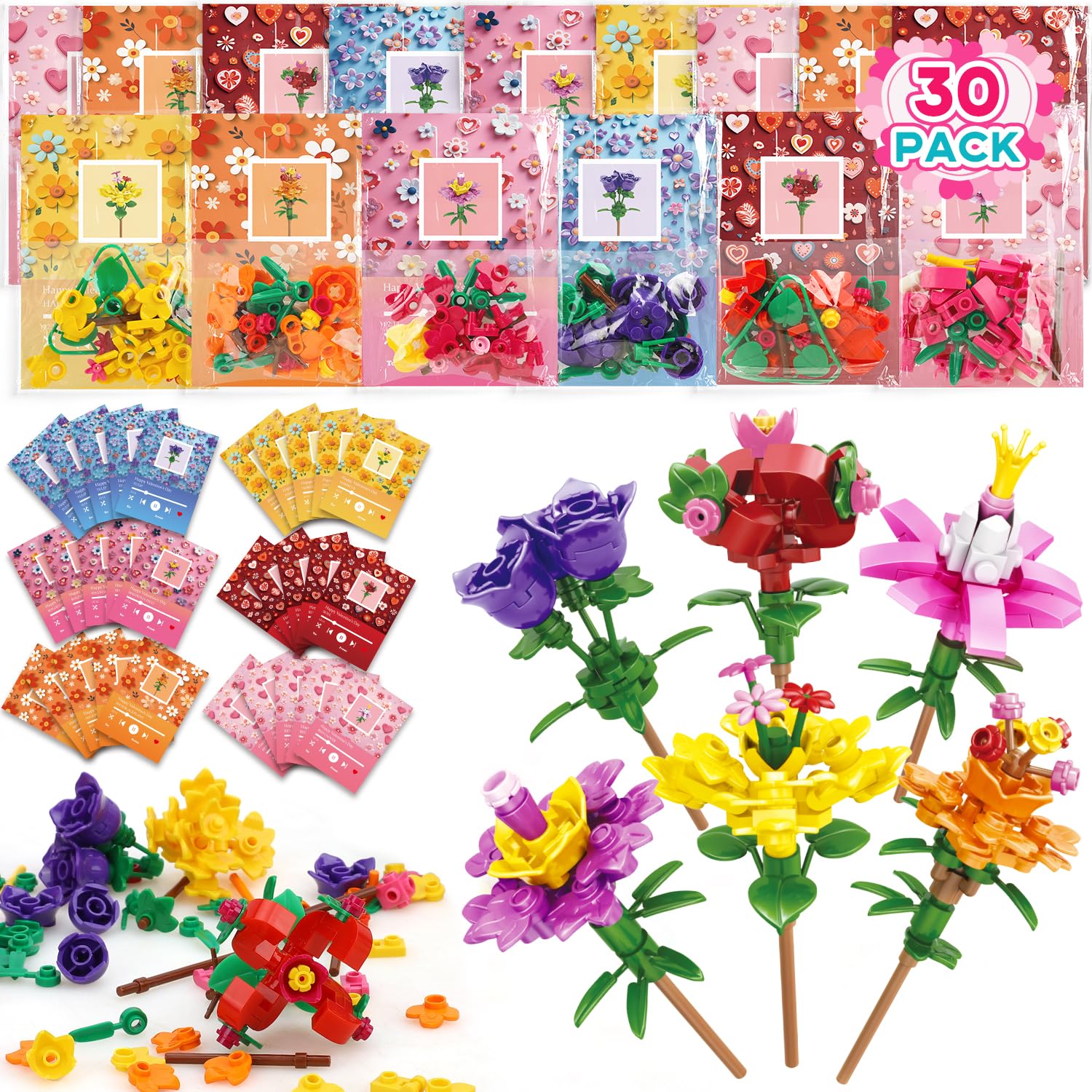 TOY Life 30 Pack Party Favors for Kids, Mini Flower Building Blocks Set ...