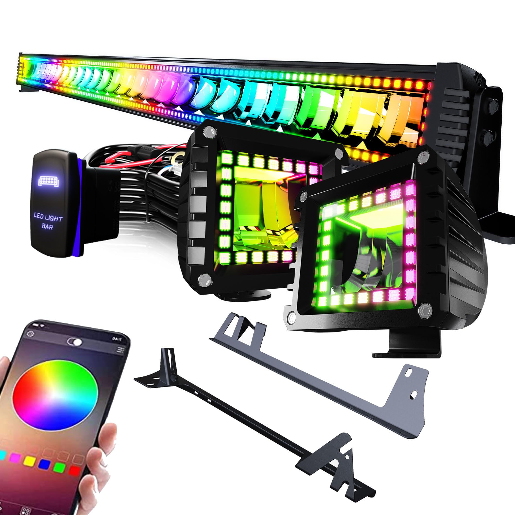 FEELON 52" inch RGB LED Light Bar + 2x 4 Inch Flood RGB LED Pods with ...