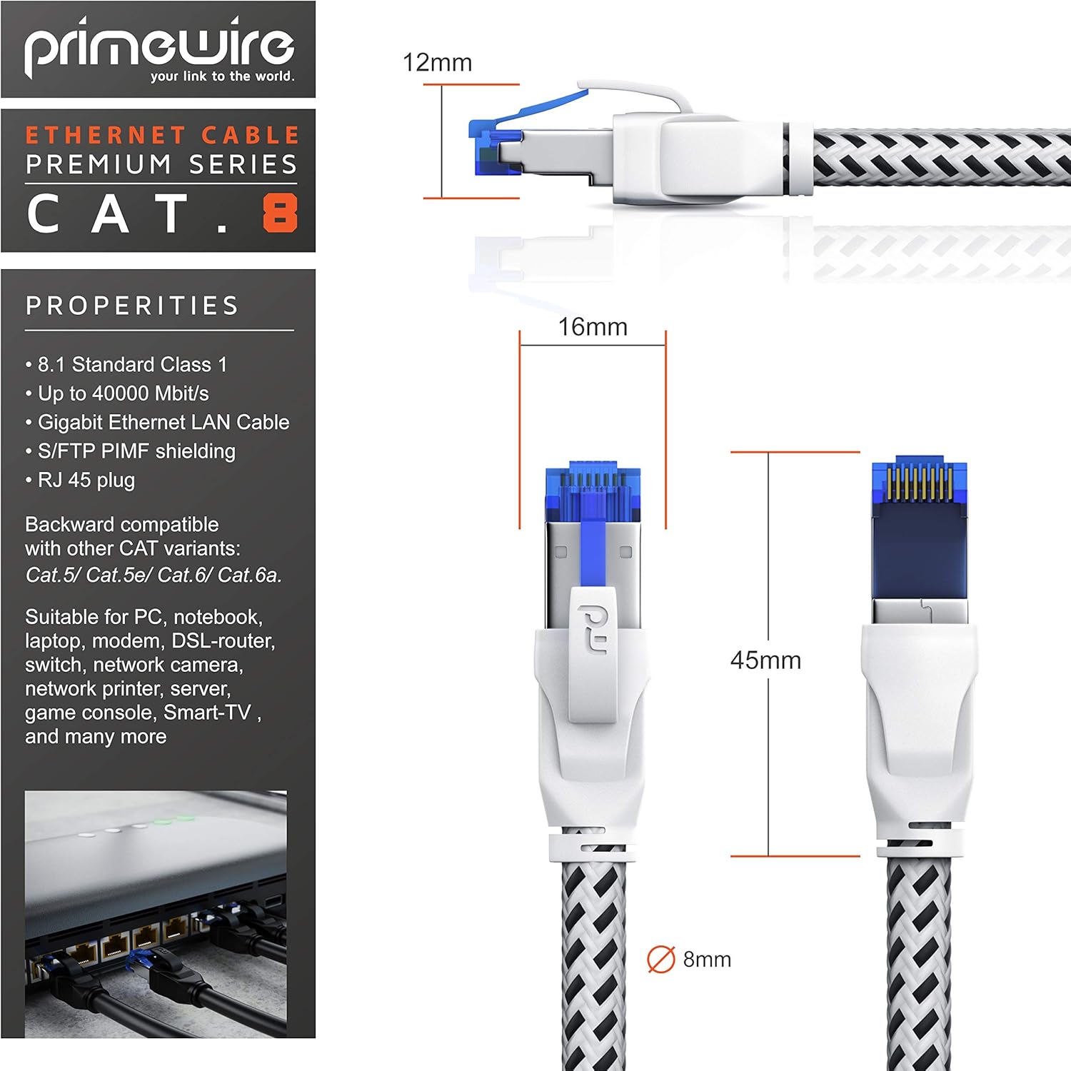 Primewire – 10m CAT 8 Cable – 8.1 Standard Class 1 – Gbit Lan Network ...