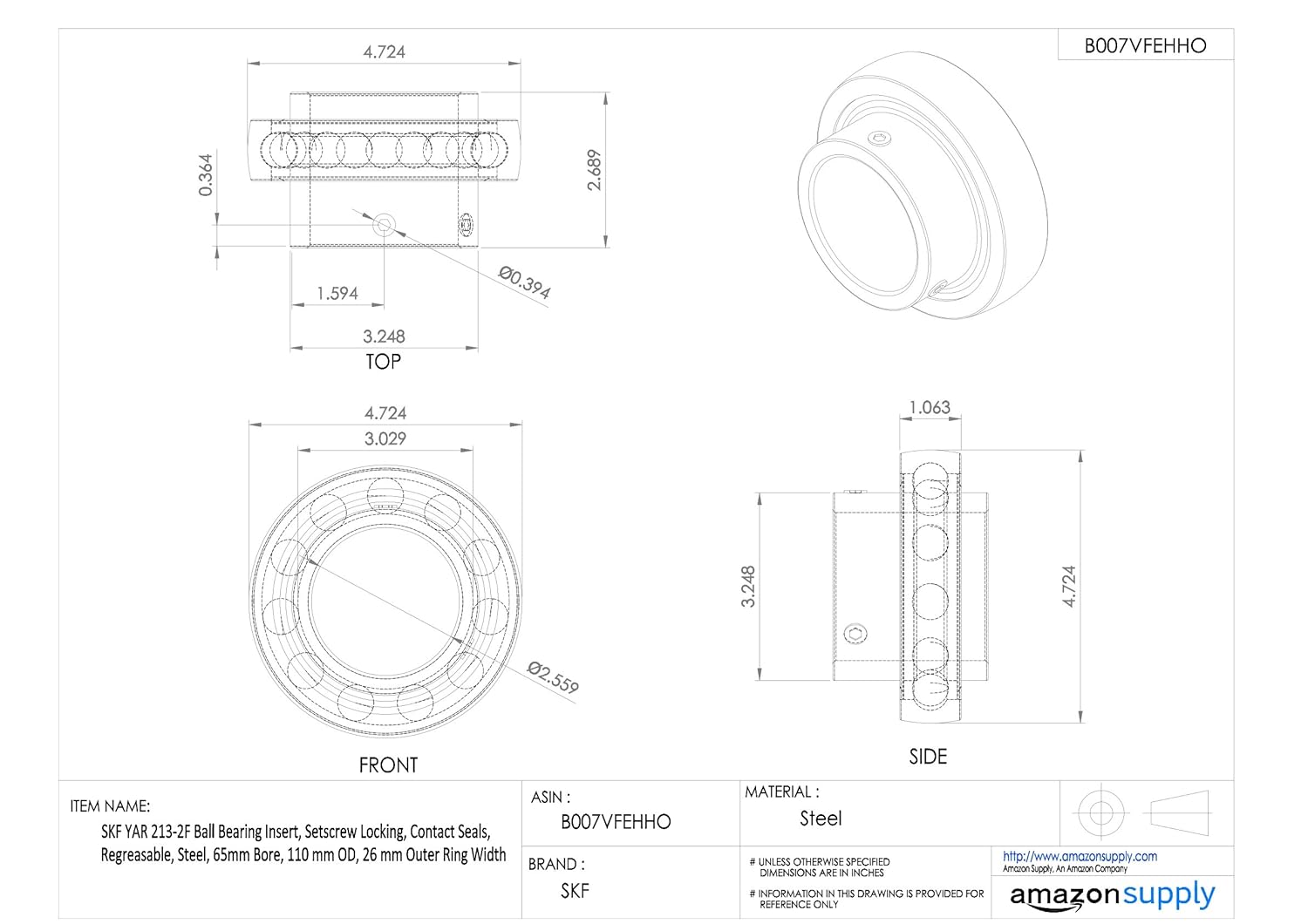 SKF YAR 213-2F Ball Bearing Insert Setscrew Locking 65mm Bore Steel ...