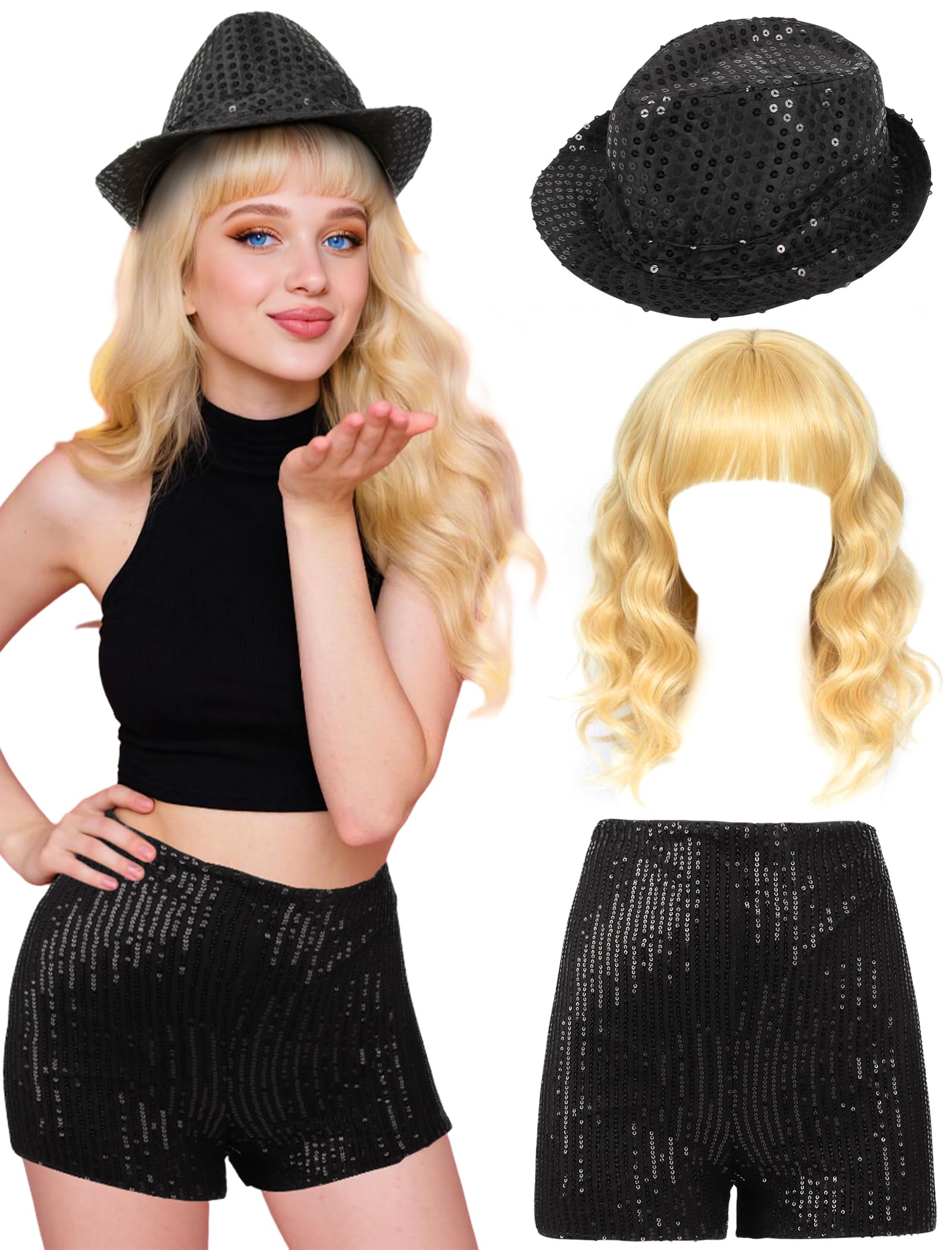 3 Pcs Halloween Singer Costume Wavy Blonde Wig Sequins Fedora Hat ...