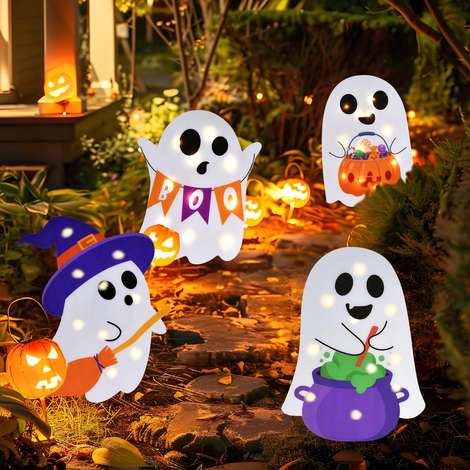Lighted Cute Ghost Yard Signs, 4 PCS Halloween Decorations Outdoor ...