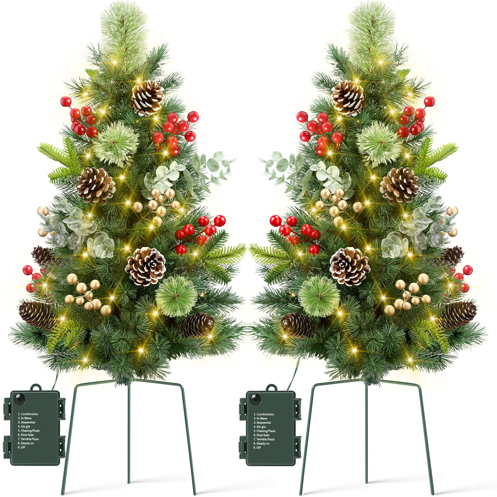 Hatisan Set of 2 30" Outdoor Pathway Christmas Trees, Battery Operated ...