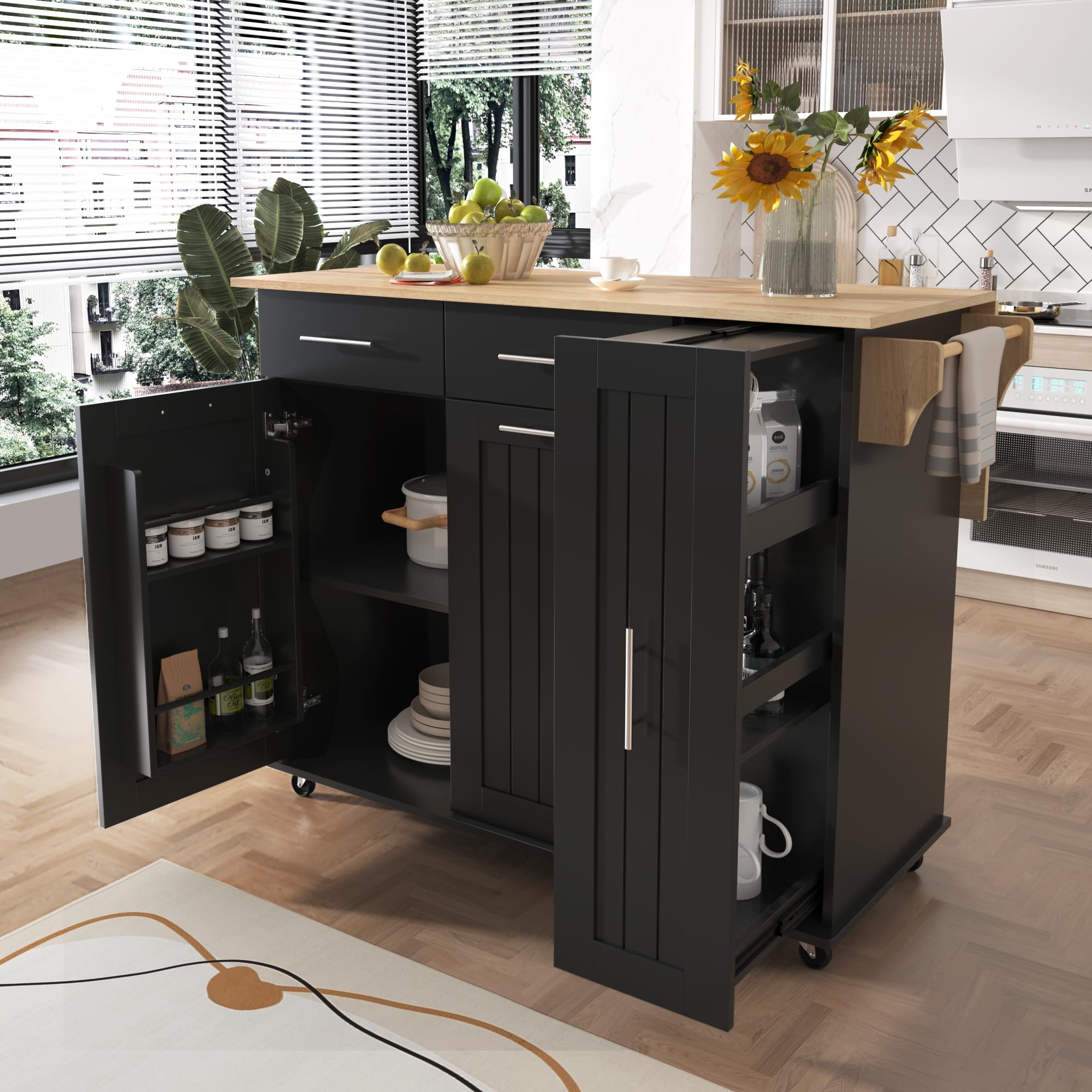 Merax Kitchen Island with Drop Leaf, Storage Cart with 3 Tier Pull Out ...