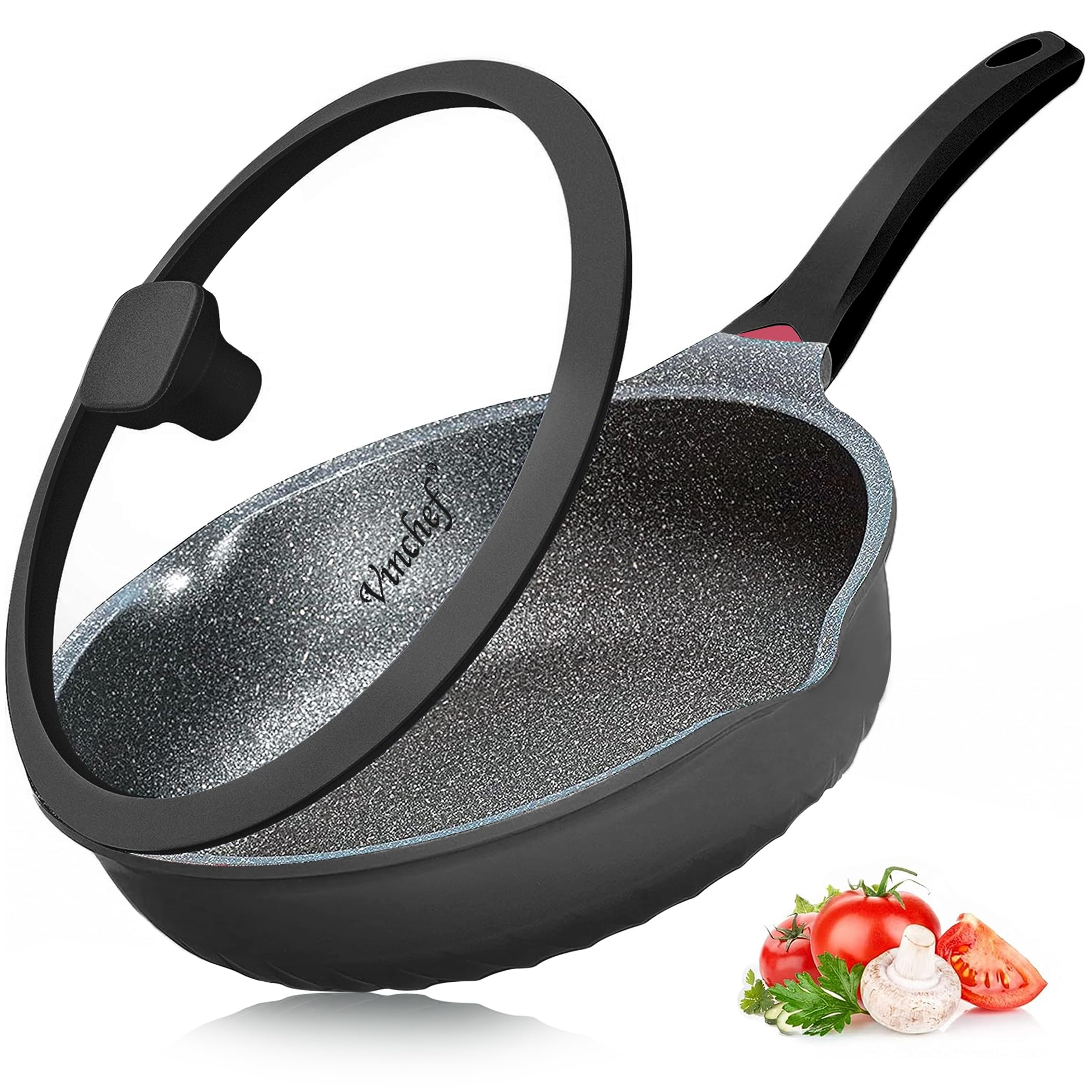 Vinchef Nonstick Skillet with Lid, 12.5In Aluminum Deep Frying/Saute ...
