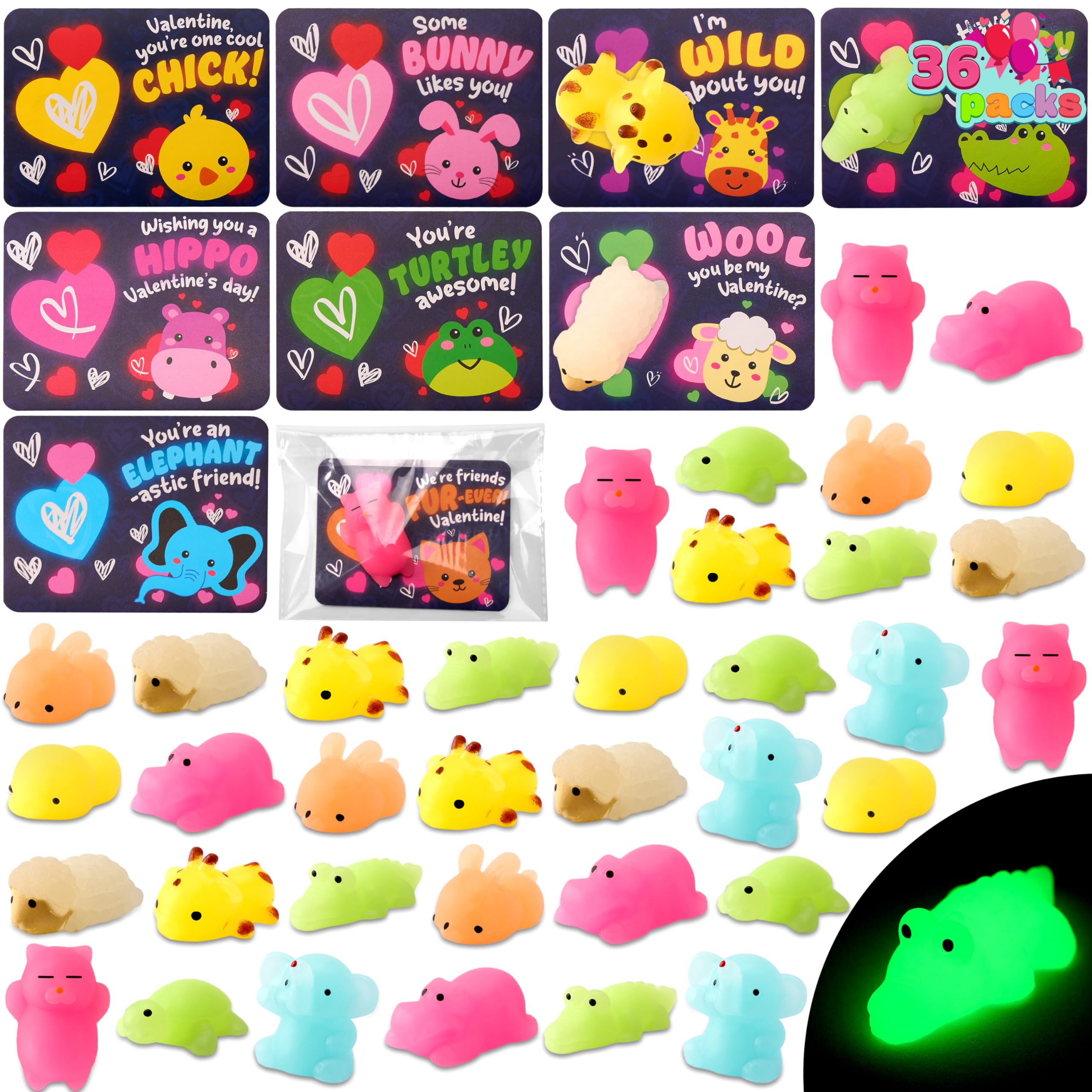 JOYIN 36 Packs 9 Design Gift Cards with Glow in Dark Mochi Squishy Toys ...