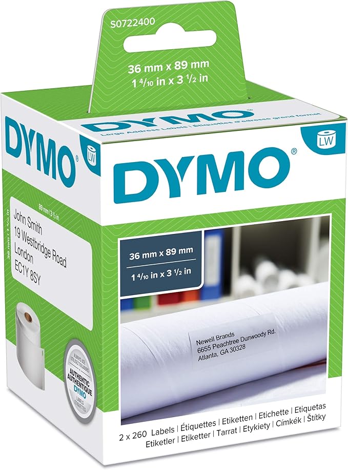 DYMO LW Large Address Labels, 36 mm x 89 mm, Black Print on White, 2 ...