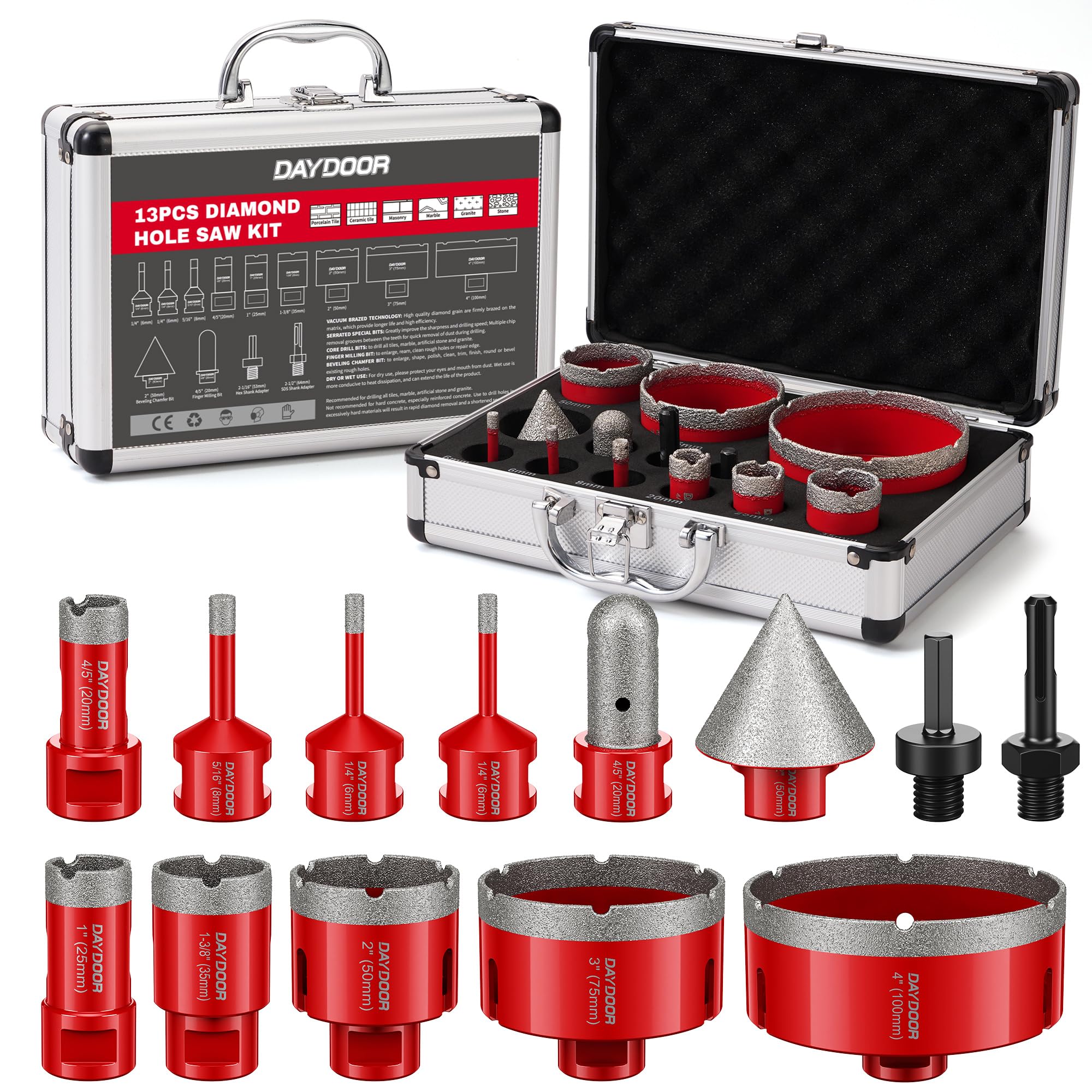 DAYDOOR Diamond Hole Saw Kit, 13PCS Diamond Core Drill Bit Set 6/6/8/20 ...
