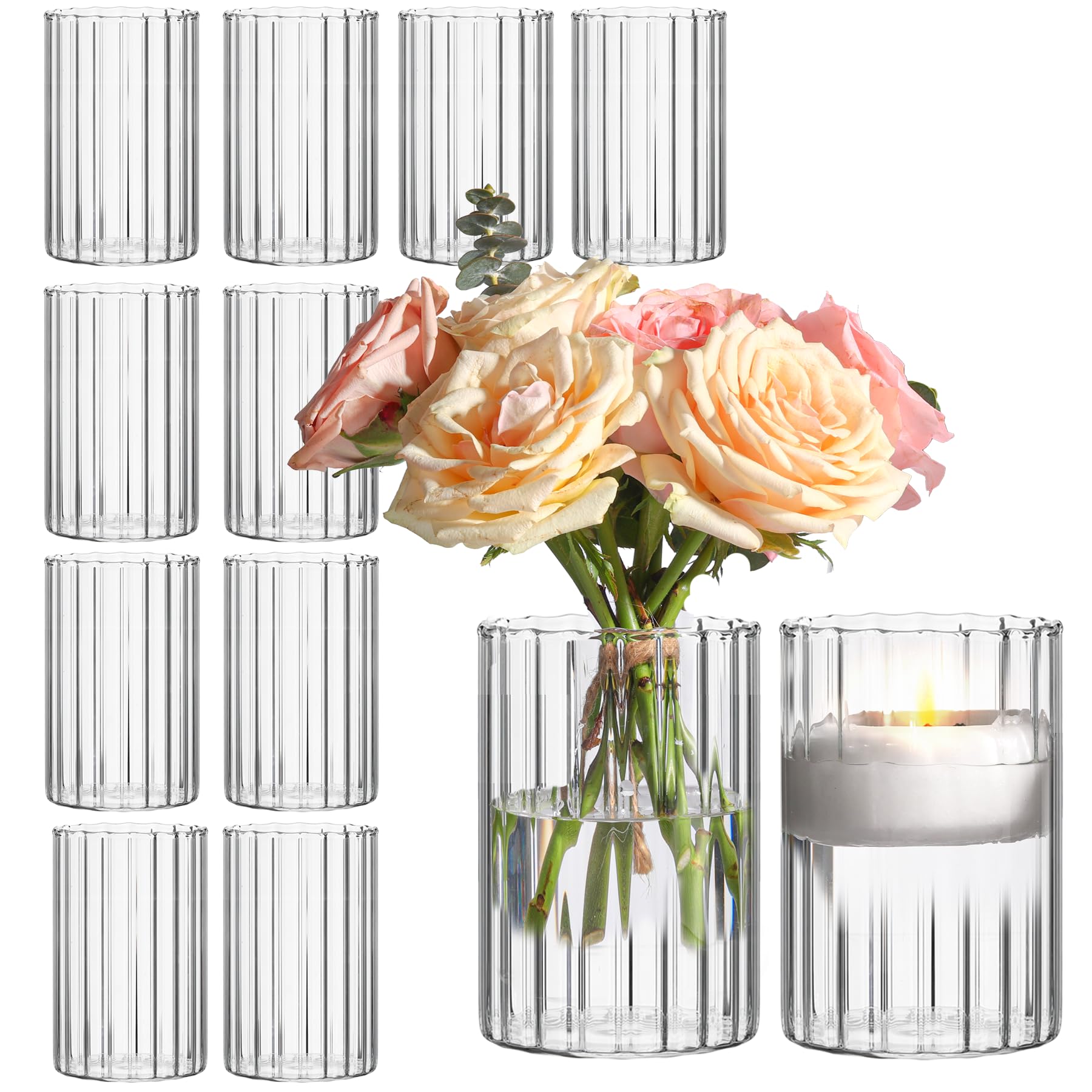 ComSaf Glass Cylinder Vases Pack of 12, Clear Ribbed Bud Vases for ...