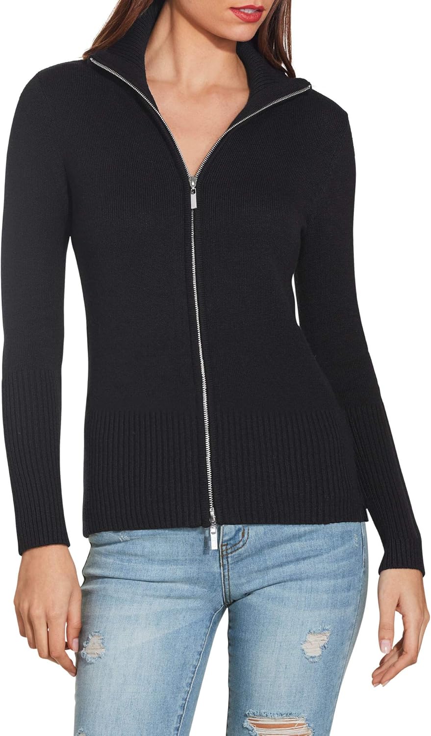 Boston Proper Beyond Basics Women's Mock Neck Zip Up Cardigan Sweater ...