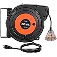 DEWENWILS Retractable Extension Cord Reel, 50 FT Heavy Duty Power Cord, 14AWG/3C SJTOW, 3 ...
