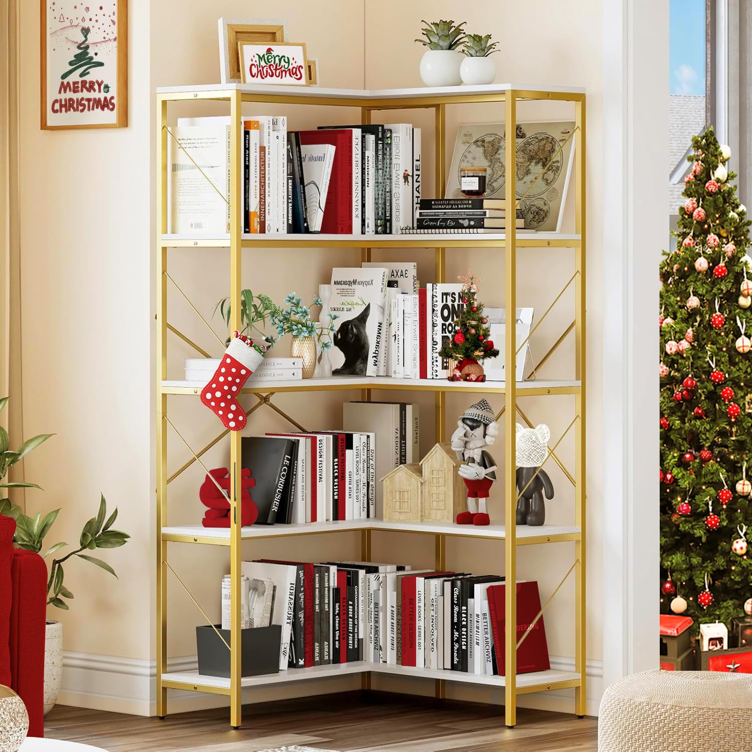 YITAHOME Corner Bookshelf, Gold Corner Shelf 5 Tier Bookcase, Large ...