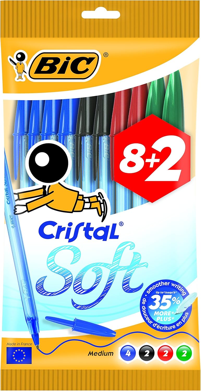 BIC Cristal Soft Pens Medium Point (1.2 mm) – Assorted Colours, Blister Pack of 8+2 – BigaMart