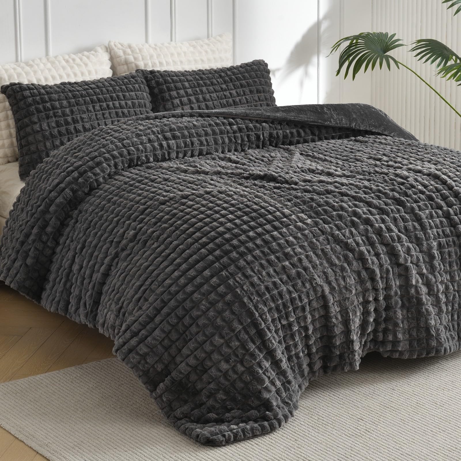 ENJOHOS Dark Grey Fluffy Comforter Queen Set, 3PC Super Soft Fleece ...