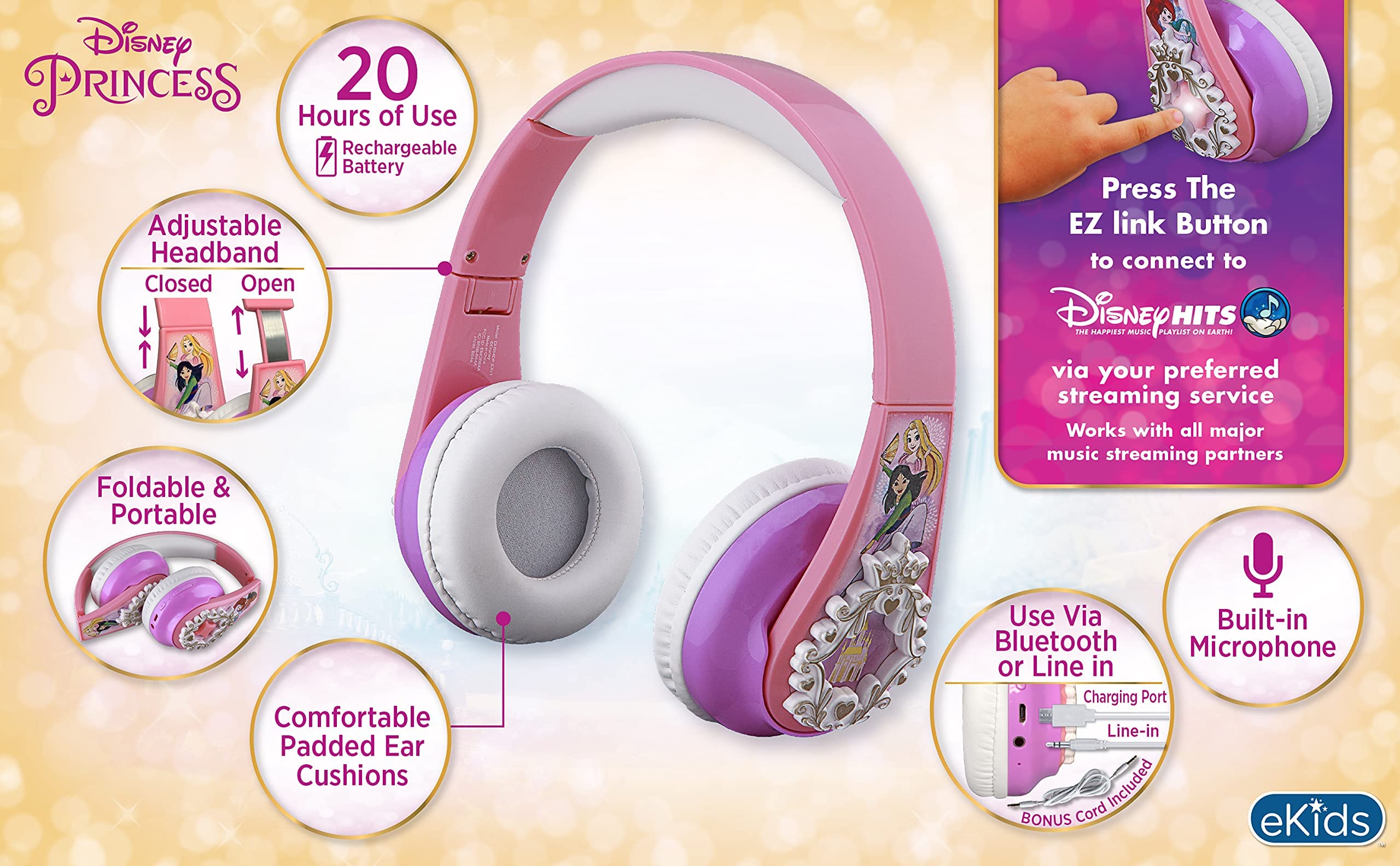 Mua eKids Disney Princess Bluetooth Headphones with EZ Link, Wireless ...