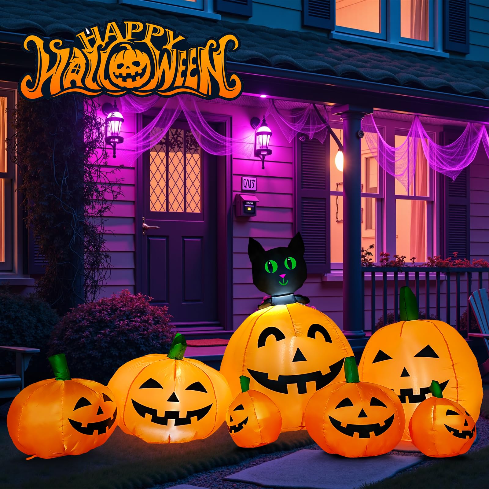 Halloween Inflatable Pumpkin, 7.5 FT Halloween Blow Ups with Black ...