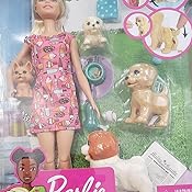 Barbie Doggy Daycare Doll, Blonde, and Pets Playset with 4 Dogs ...