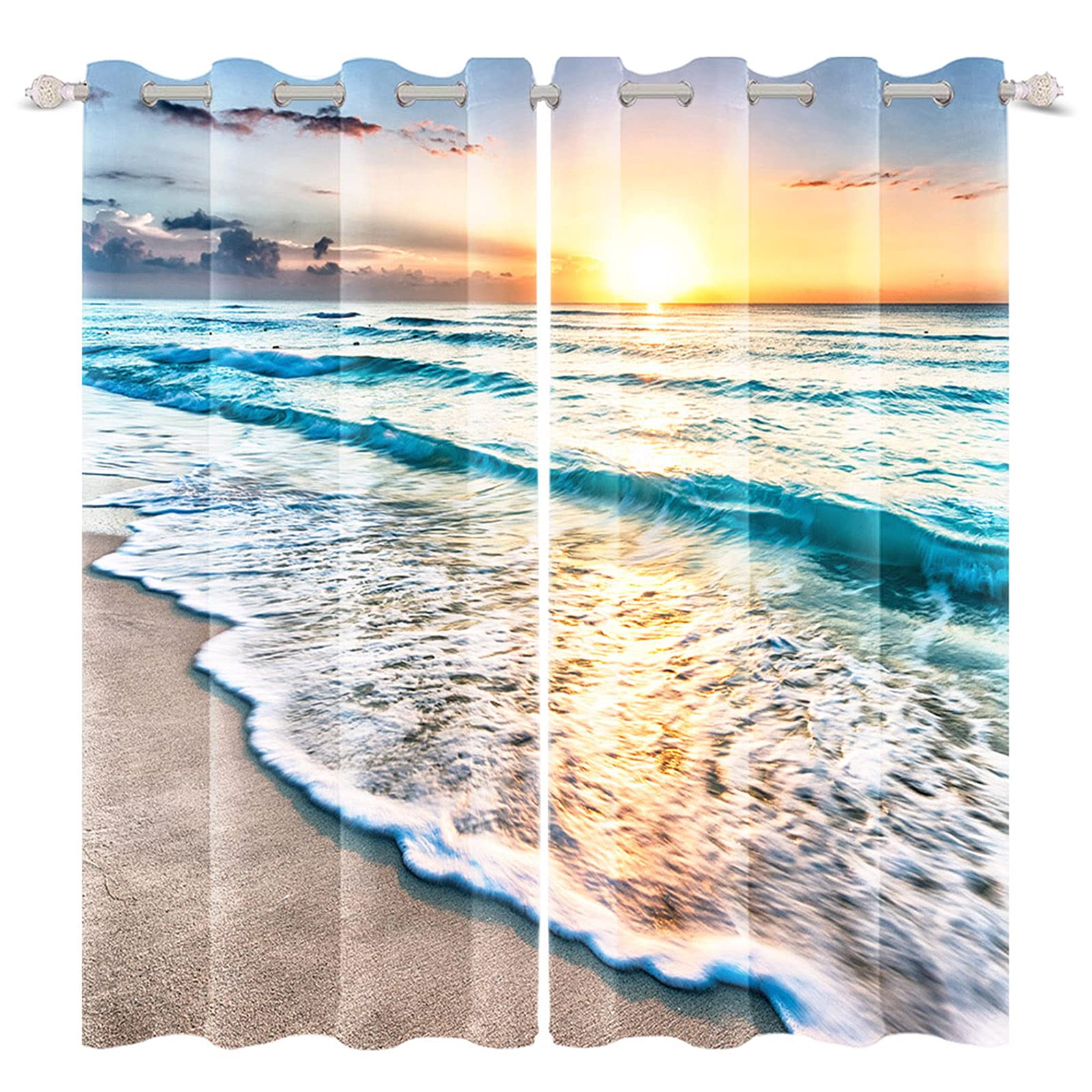 Renaiss Sea Sand Beach Window Curtains Sunset Clouds Blue Seashore ...