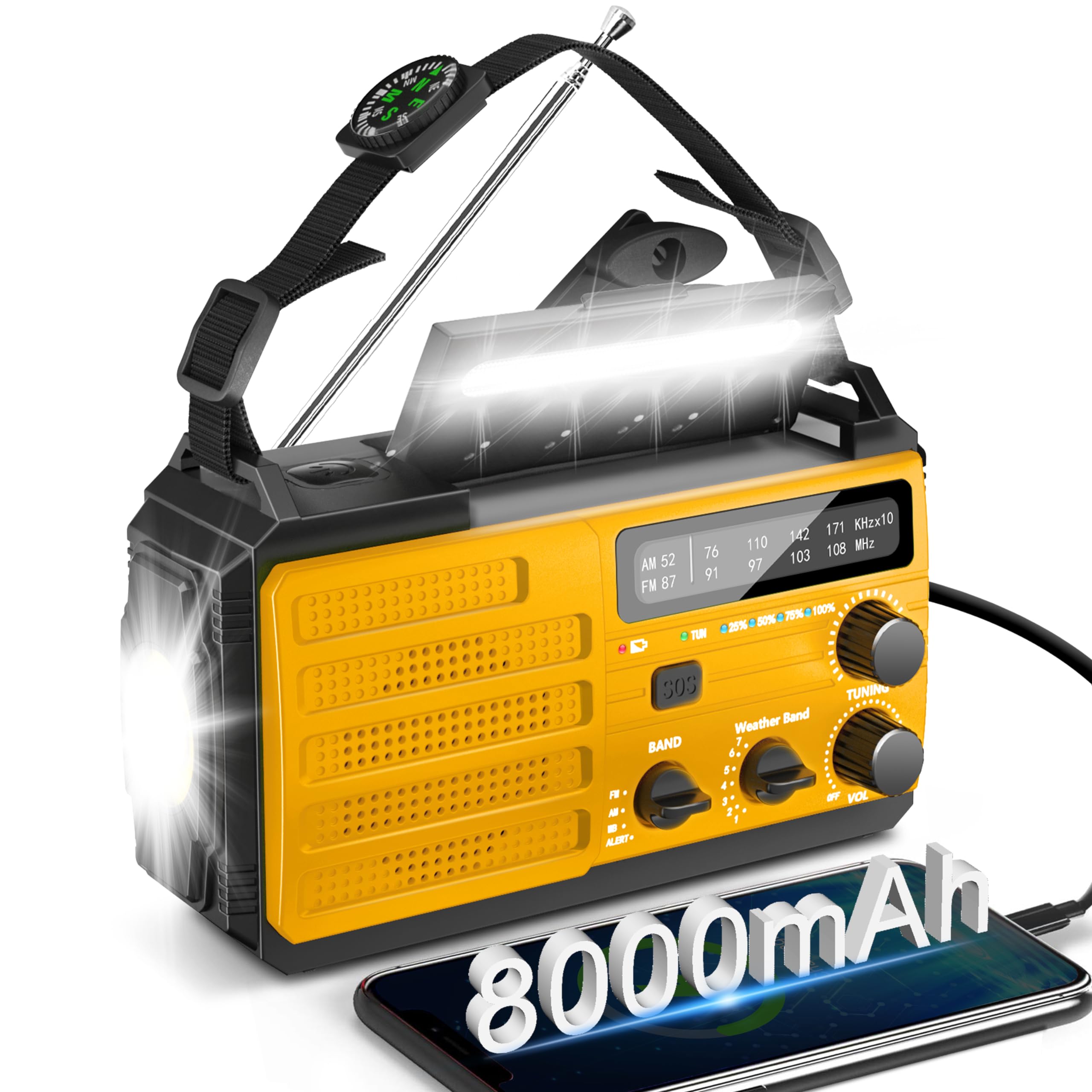 8000mAh Emergency Radio - Solar Hand Crank Emergency Radio with 3-Mode ...