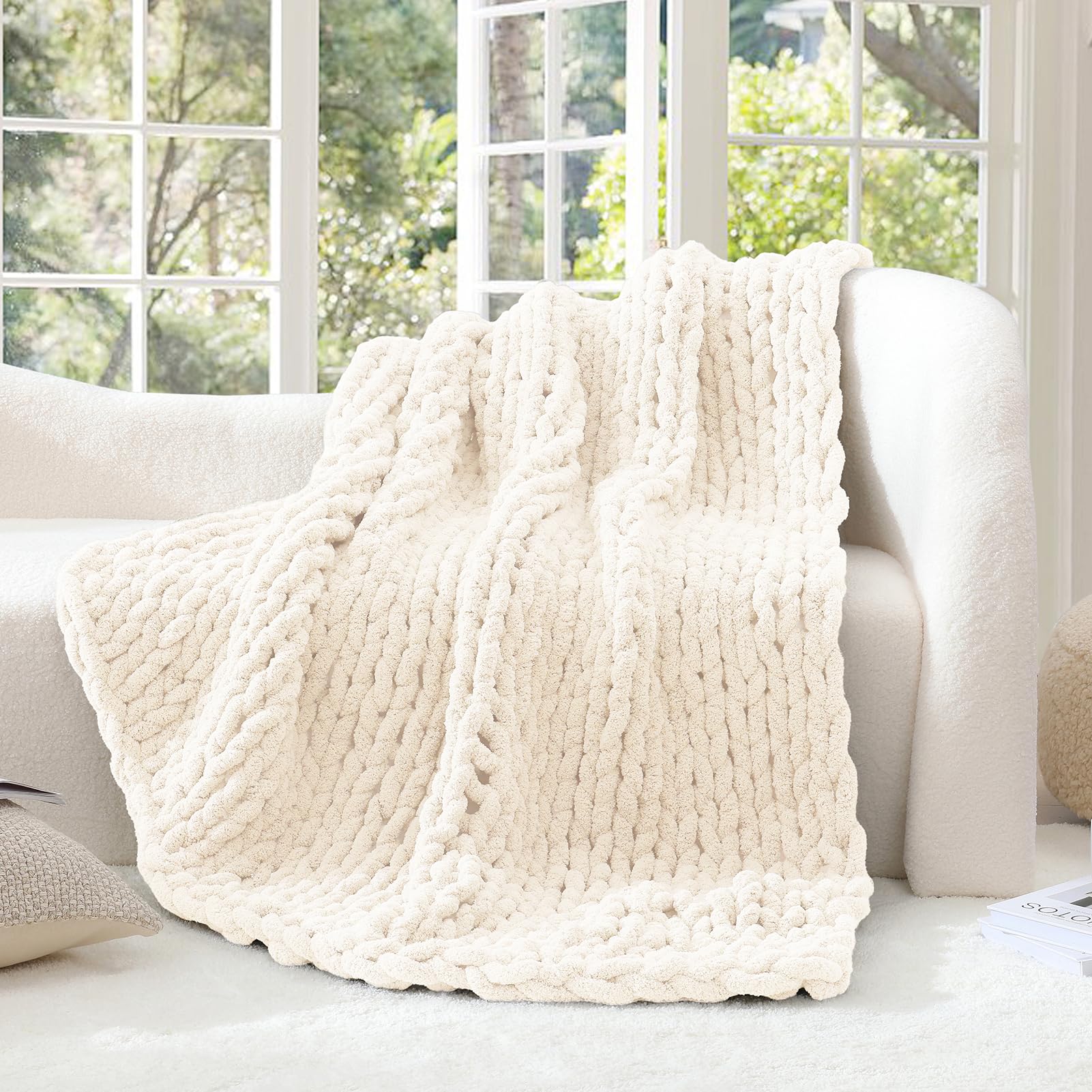 WRENSONGE Chunky Knit Blanket, Ivory Large Chunky Knit Throw Blanket ...