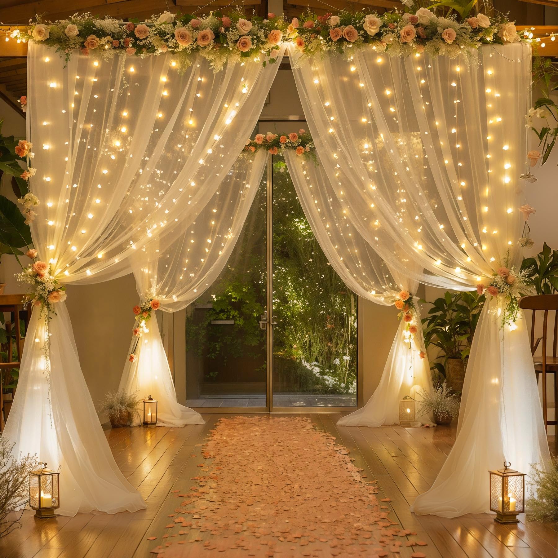 Sheer Tulle Curtains with Lights String Champagne Curtain for Living ...