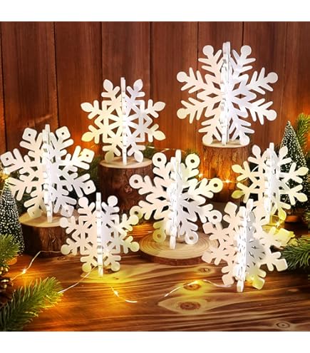 Christmas Tabletop Decor 6 Sets White Wooden Snowflake Decorations - 3D ...