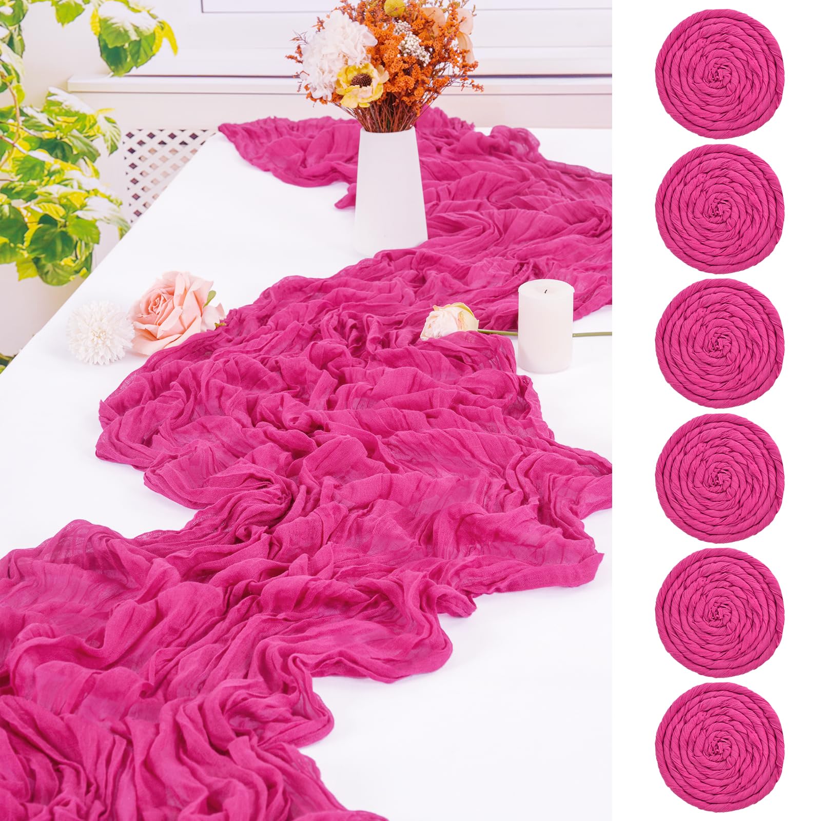 6 Pack Hot Pink Cheesecloth Table Runner,10FT Gauze Boho Long Easter ...