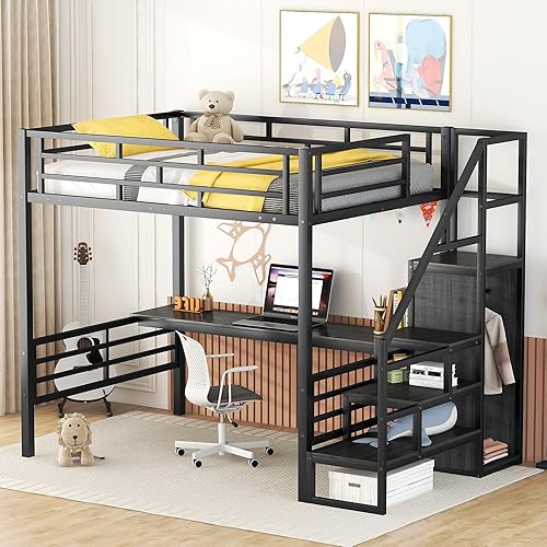 Full Size Metal Loft Bed with Desk and Stairs,Heavy-Duty Steel Frame ...