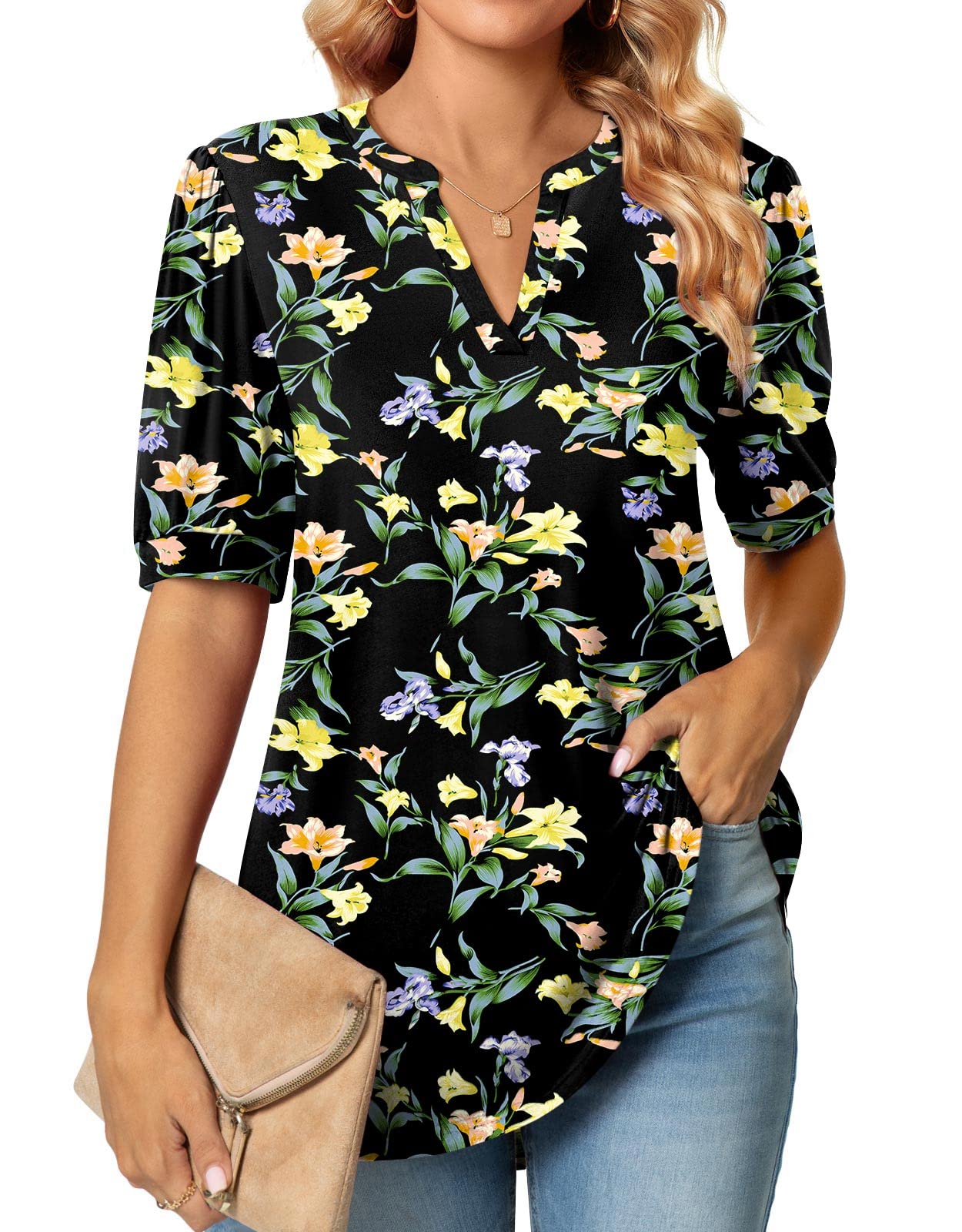 Anyally Womens Casual Notch V-Neck T-Shirts Summer Puff Short Sleeve ...