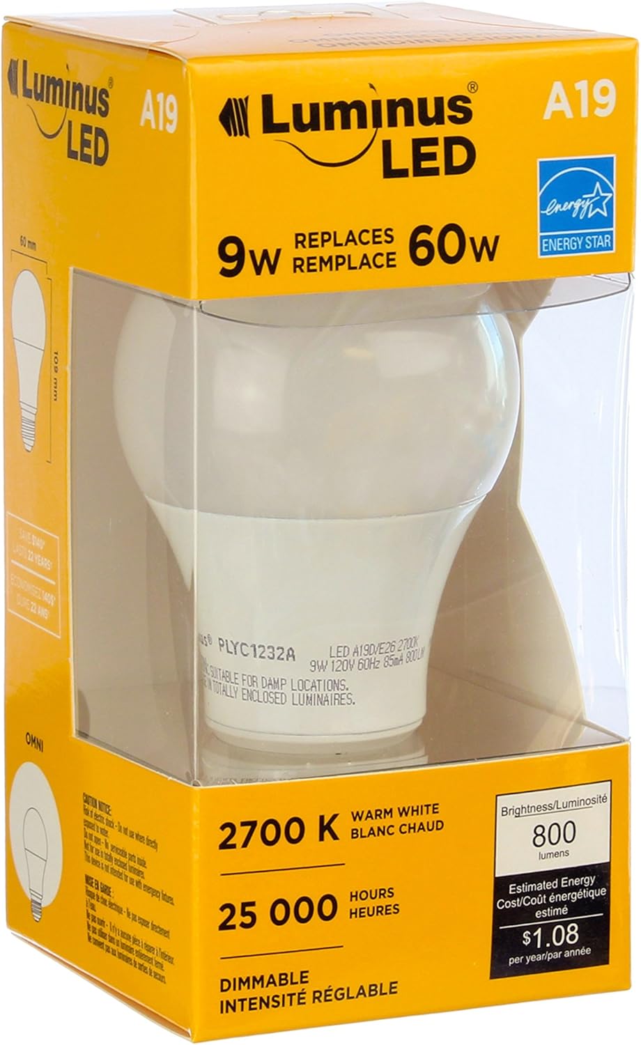 Luminus PLYC1252 A19 Omni-9.5W (60W) 800 Lumens Warm White 2700K ...