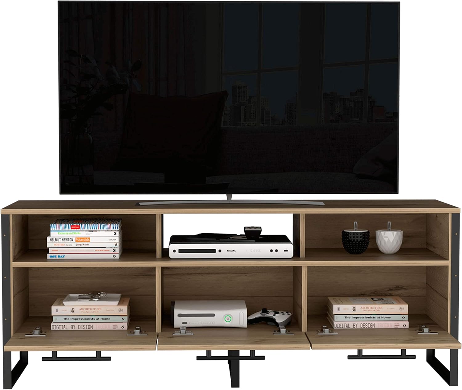 Home Source Wide Screen TV Rack Unit Black Metal Underframe, Bleached ...