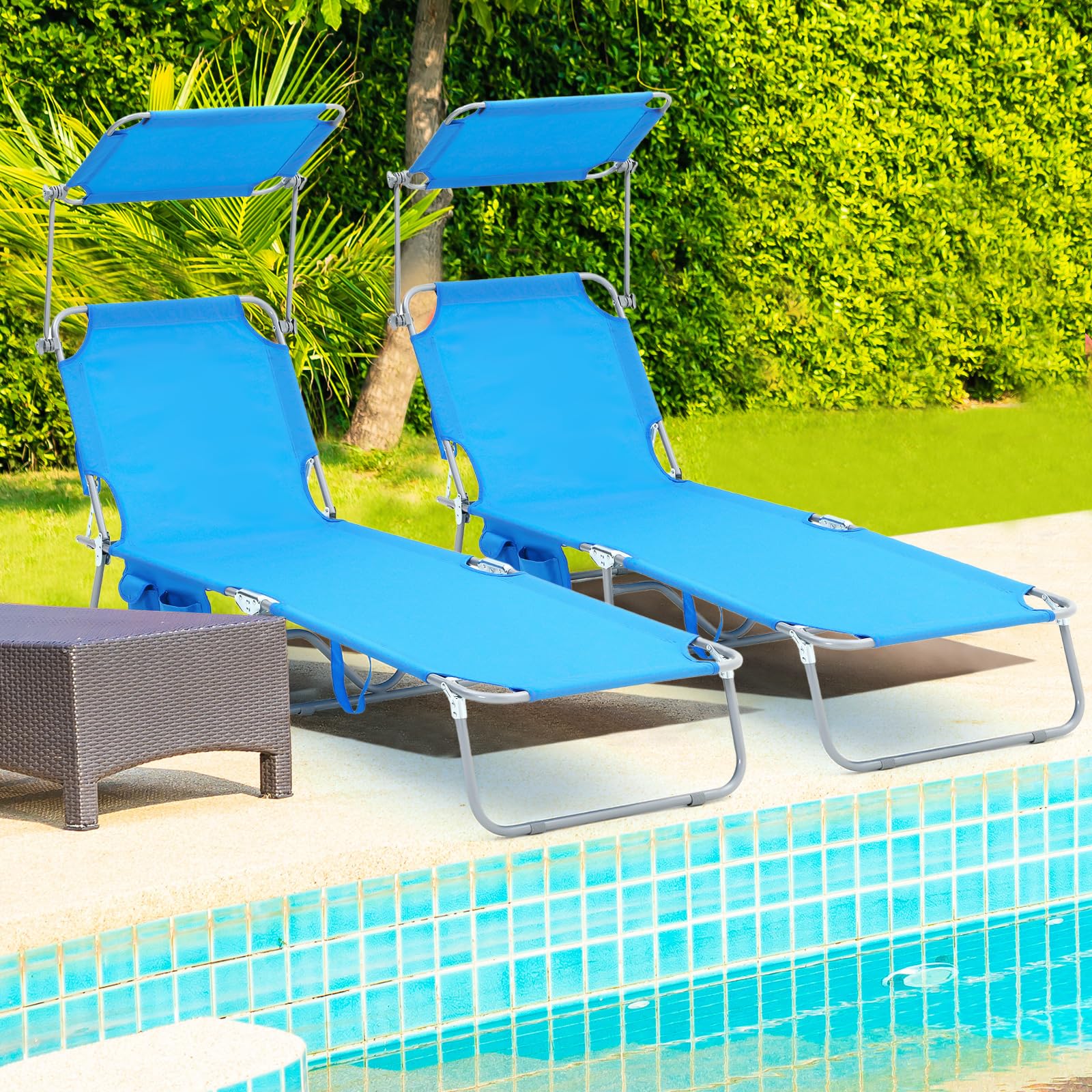 Menkxi 2 Pcs Foldable Beach Lounge Chair with 360° Canopy Sun Shade ...