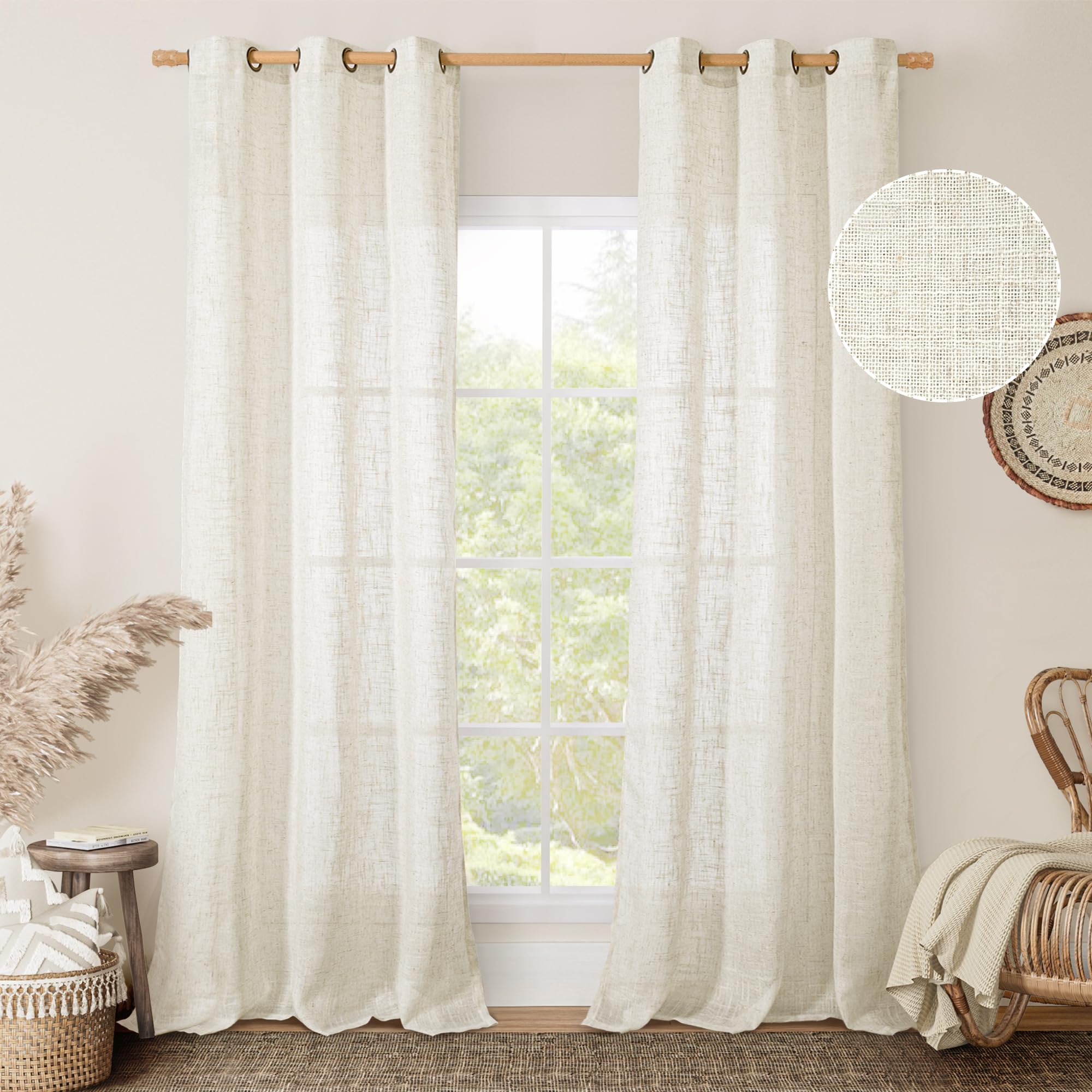 LAMIT 38 Inch Width Semi Sheer Linen Curtains 2 Panels, Cream Ivory ...