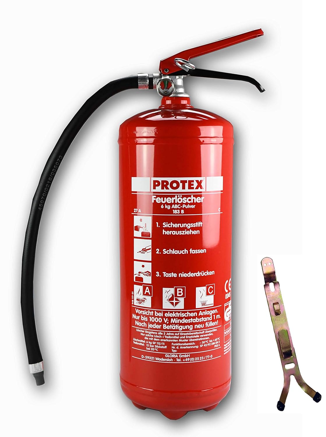 6kg Pulver Feuerlöscher Protex PDE6 Pulverlöscher mit Manometer + Wandhalter Modell A ...
