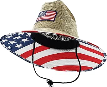 JFH Patriotic American Flag Under Brim Print Straw Sun Hat with Chin ...