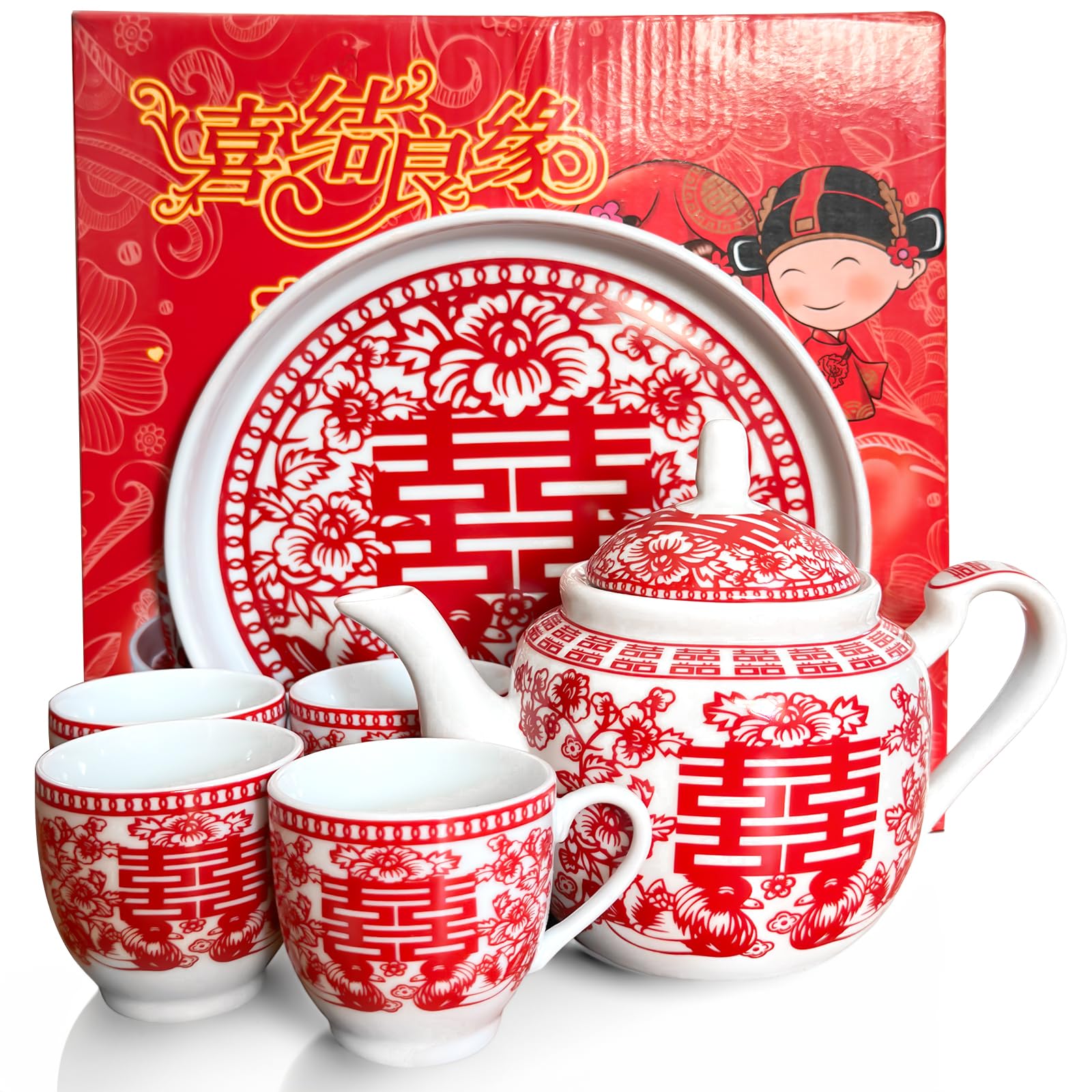 Chinese Tea Gift Set, Red Wedding Porcelain Tea Set with 1 TeaPot, 4 ...