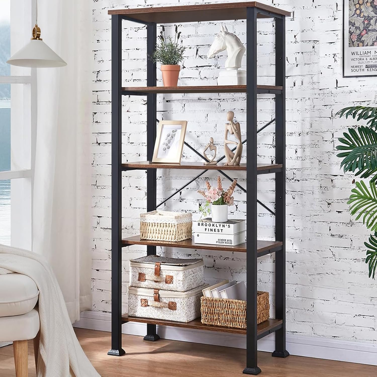 HOMBAZAAR 5 Tier Bookshelf,Rustic Brown Industrial Book Shelf ...