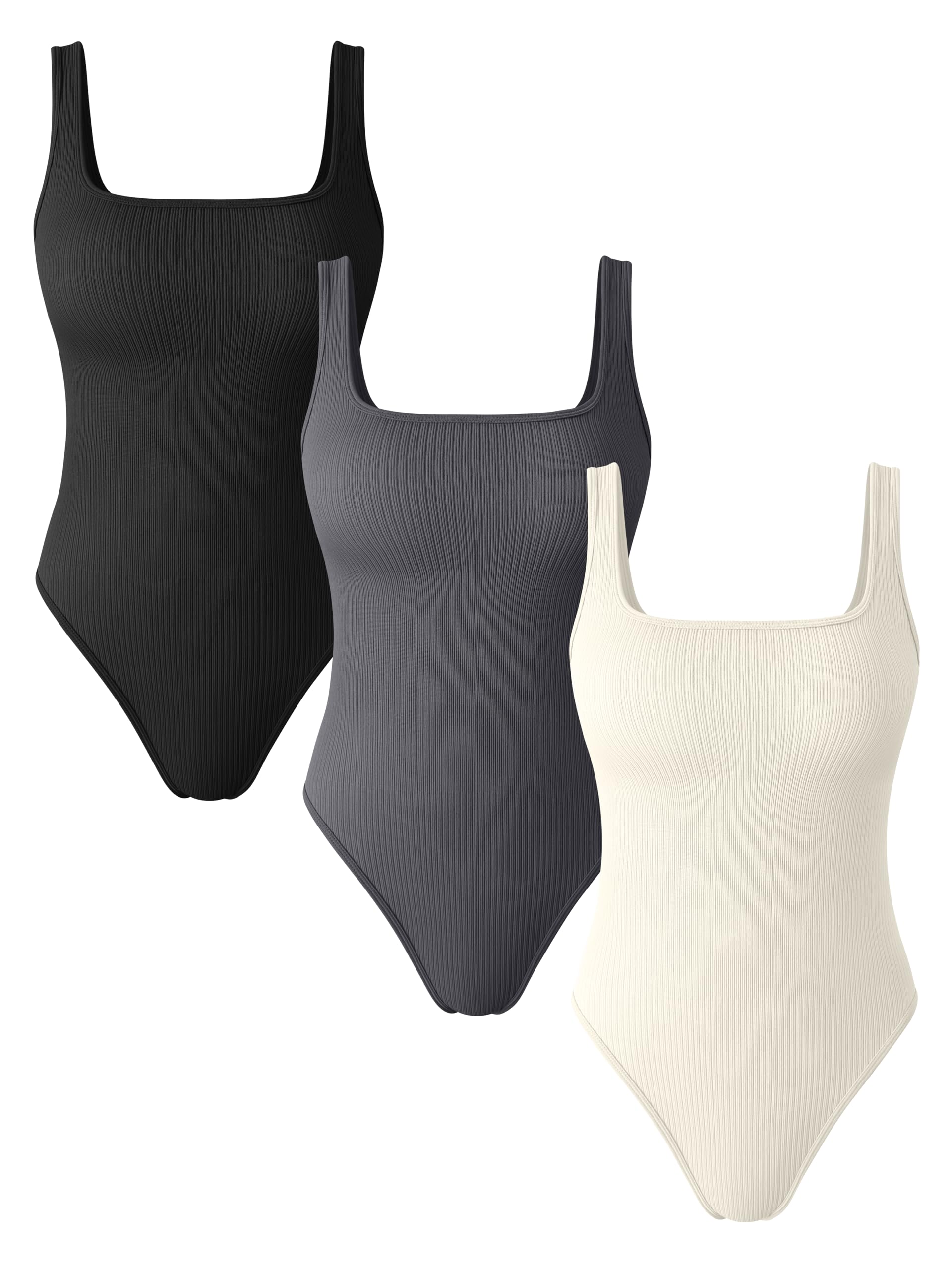 OQQ Women's 3 Piece Bodysuits Sexy Ribbed Square Neck Basic Stretch ...
