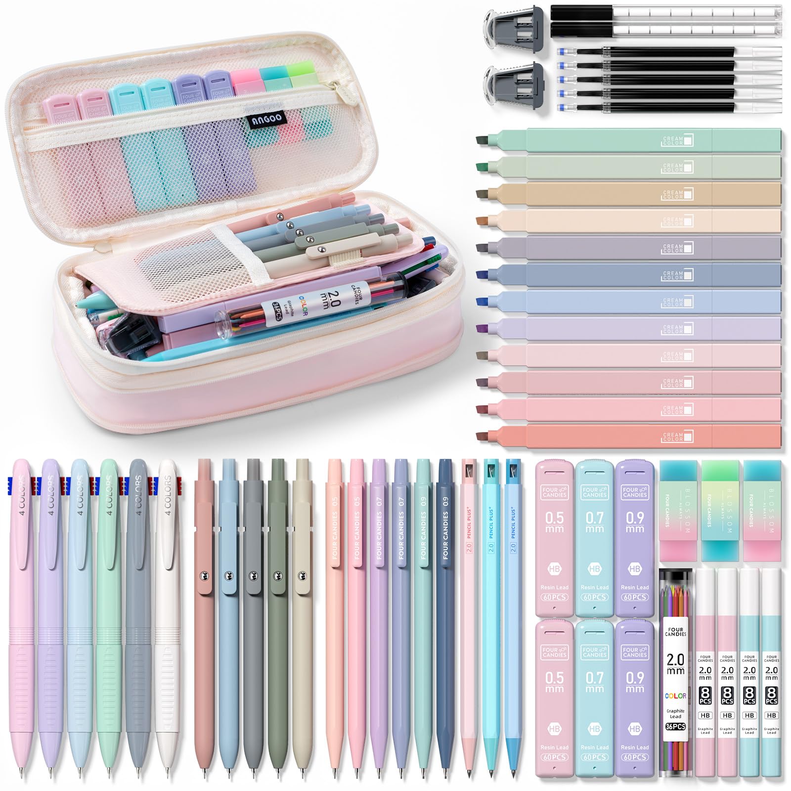 Four Candies 56 PCS Aesthetic School Supplies with Large Pencil Case, 6 Colored Ballpoint Pens ...