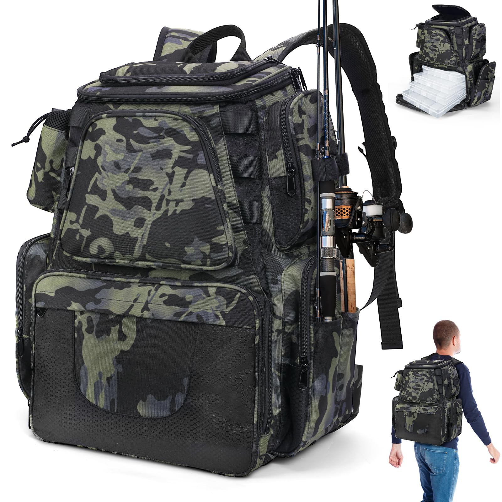 Anpress 38L Fishing Tackle Backpack with 2 Rod Holder Waterproof Large ...