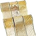 Amazon.com: Ribbli Gold Christmas Tree Ribbon - Glitter Wired Ribbons ...