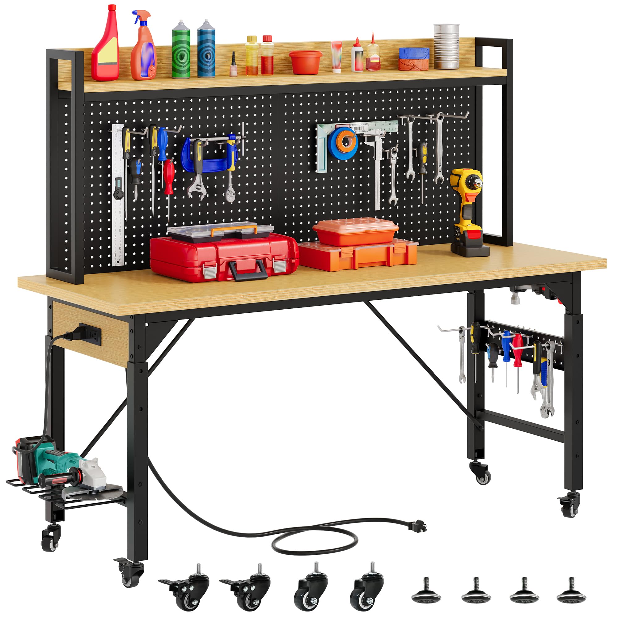 DWVO 60" Adjustable Workbench with Pegboard, Heavy Duty Wood Top Work ...