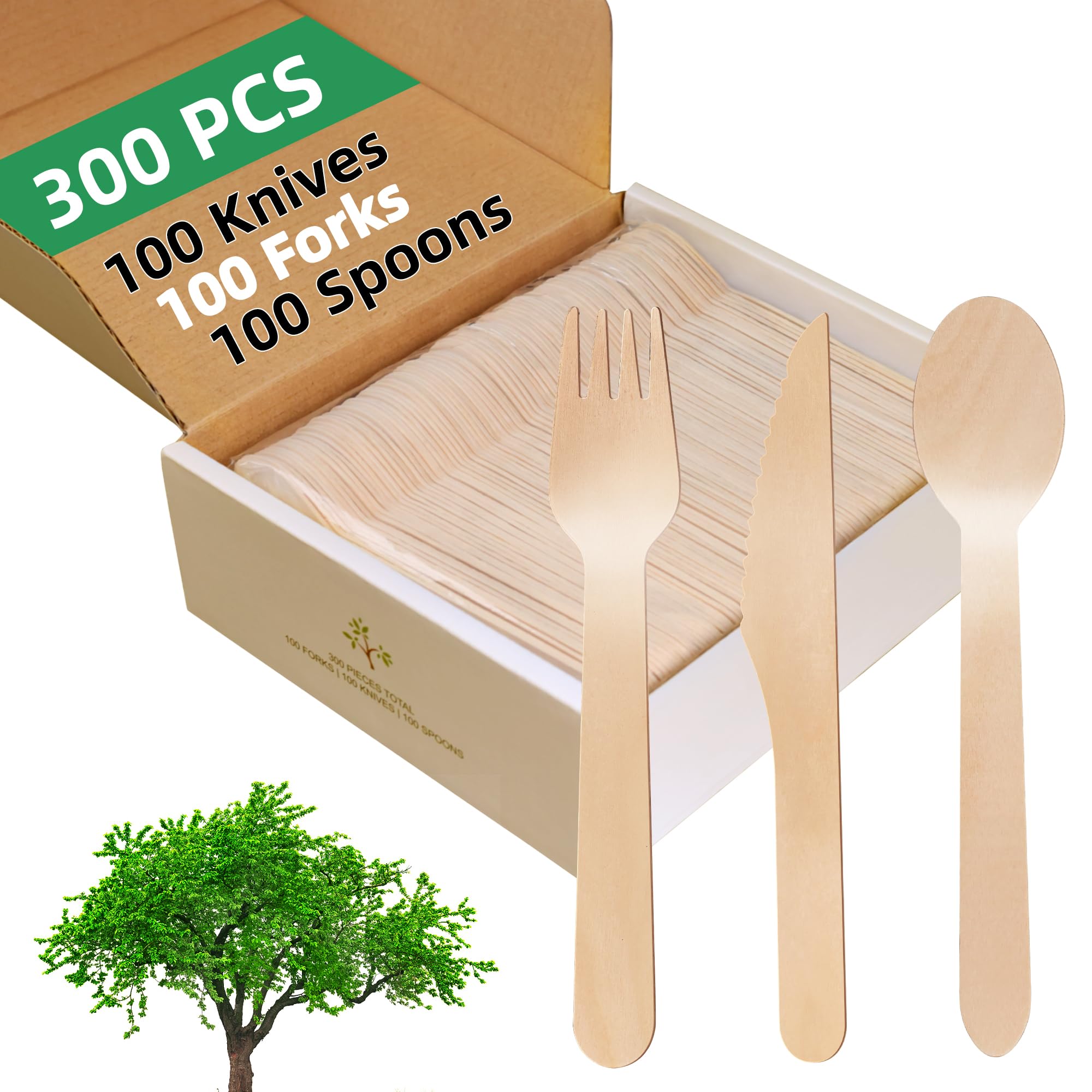 JYTMUS Wooden Cutlery Set - 300 Pieces (100 Wooden Spoons, 100 Forks ...