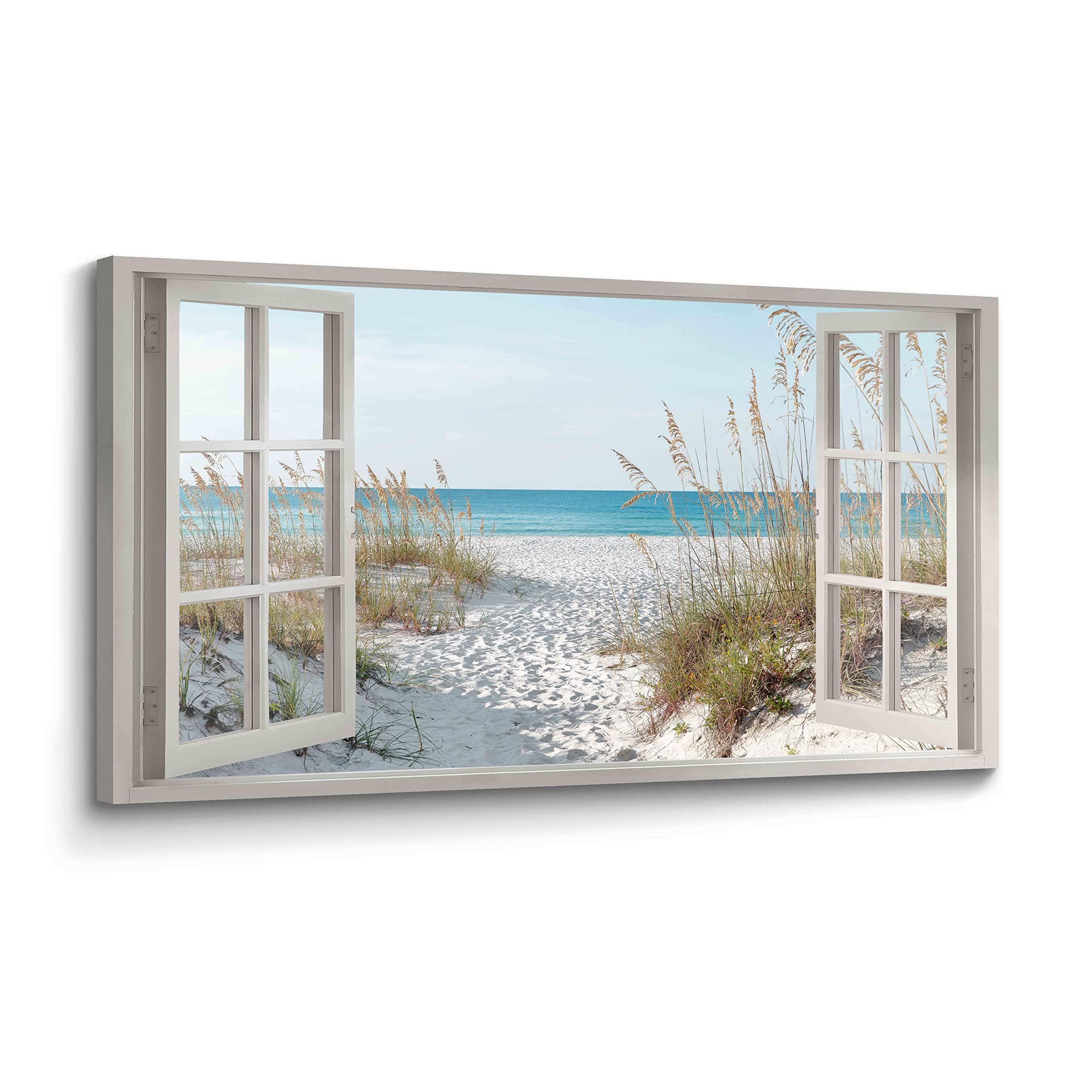 Beach Window Wall Art Canvas: Relaxing Bedroom Living Room Blue Ocean ...