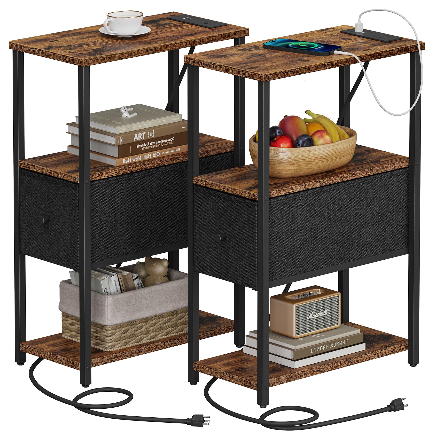 TUTOTAK Small Narrow End Table with Charging Station, Set of 2, Side ...